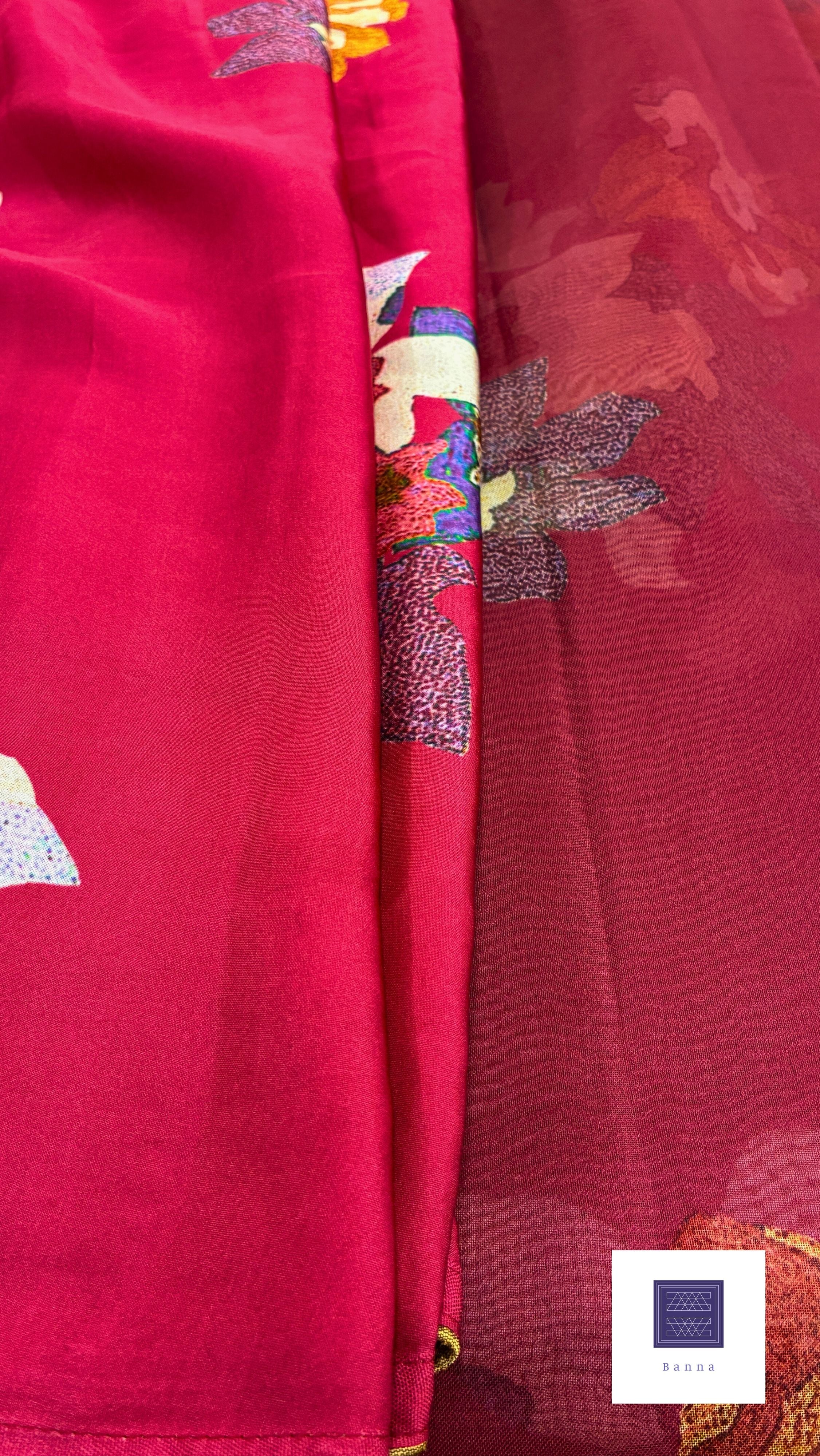 Pure Kora half and satin half saree - Reddish Maroon – Banna