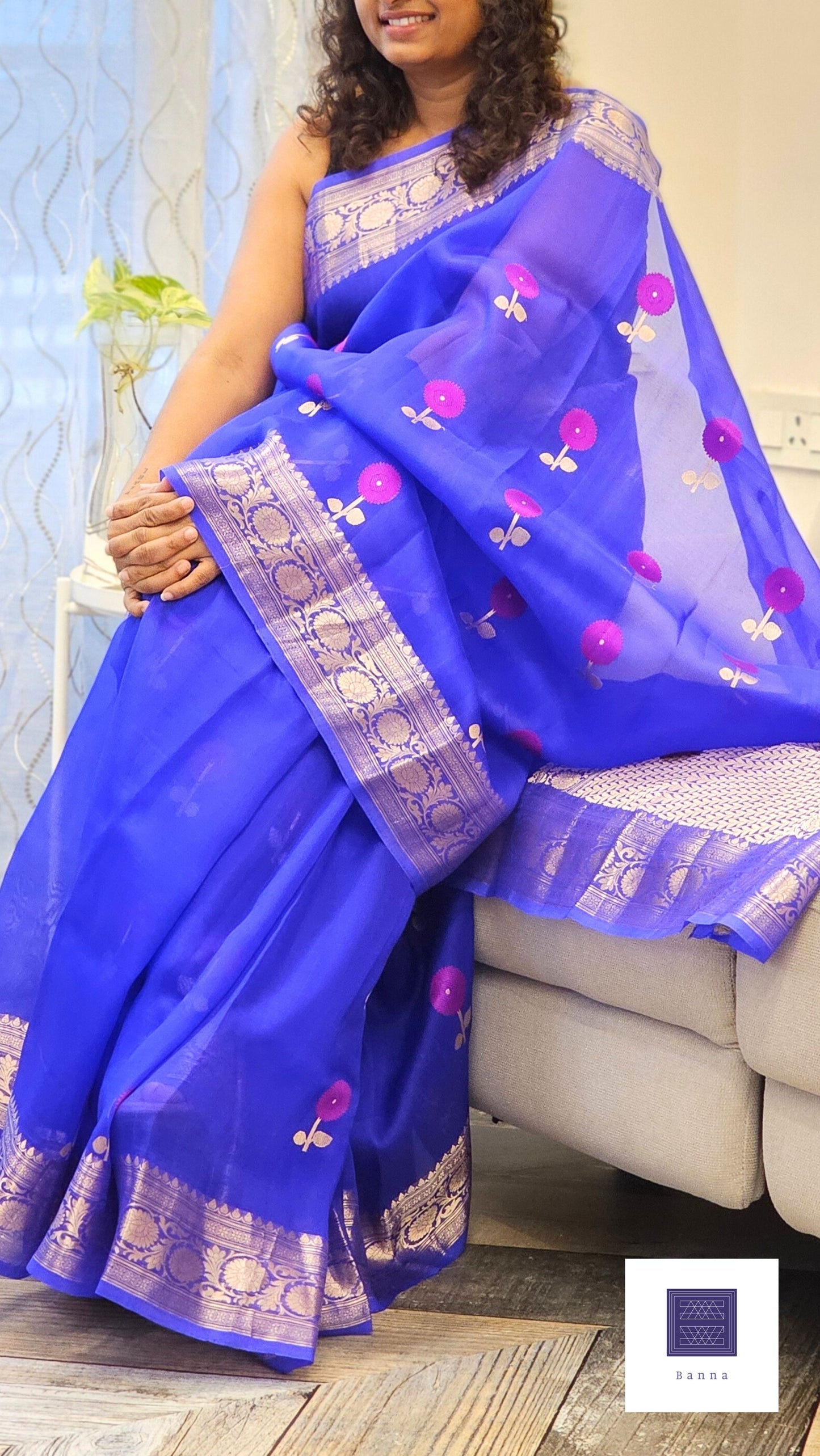 Pure Kora Silk with gold floral weaving - Royal Blue – Banna