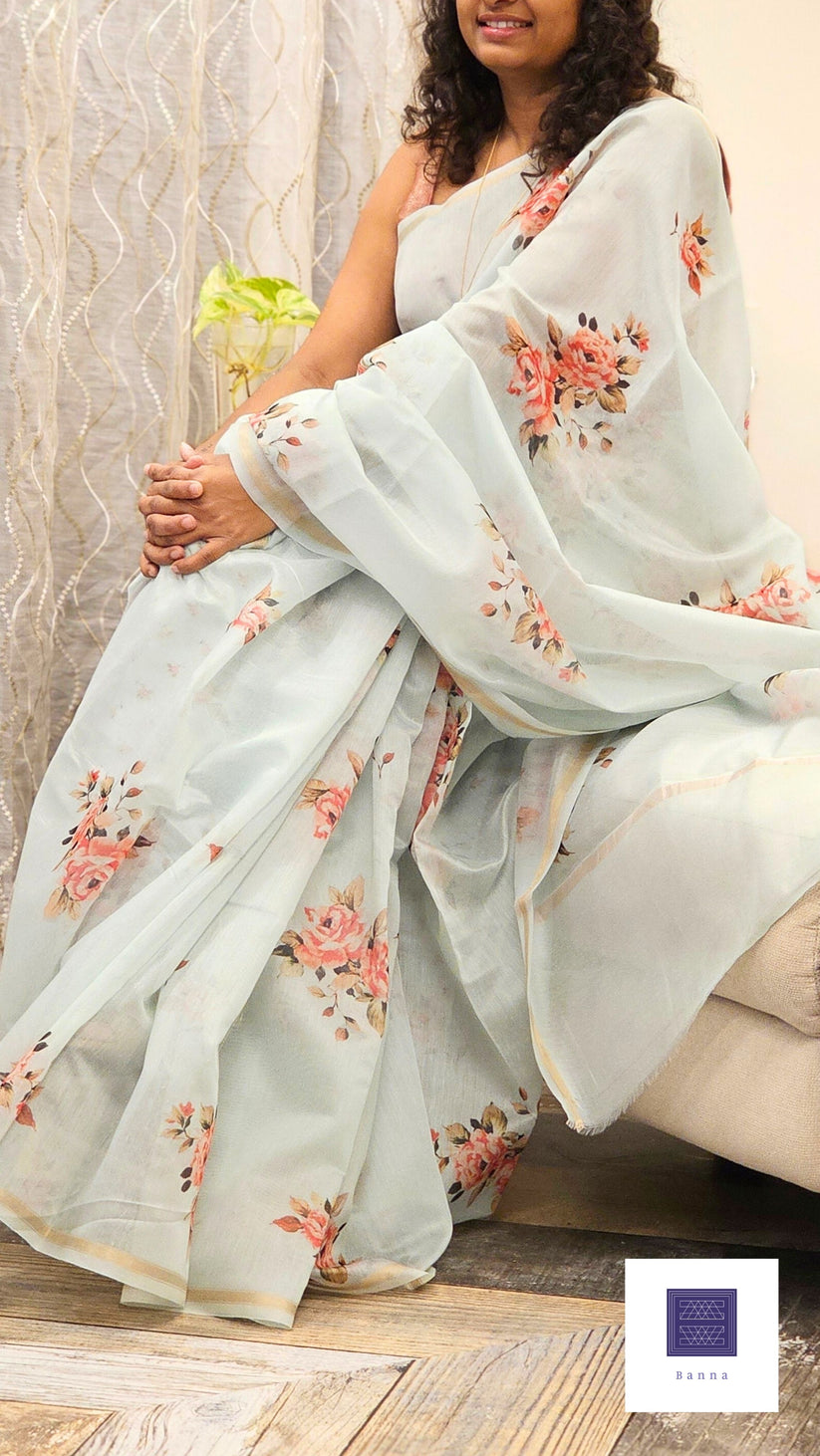 Work love, everyday saree in all new floral prints - Pastel Greenish B ...